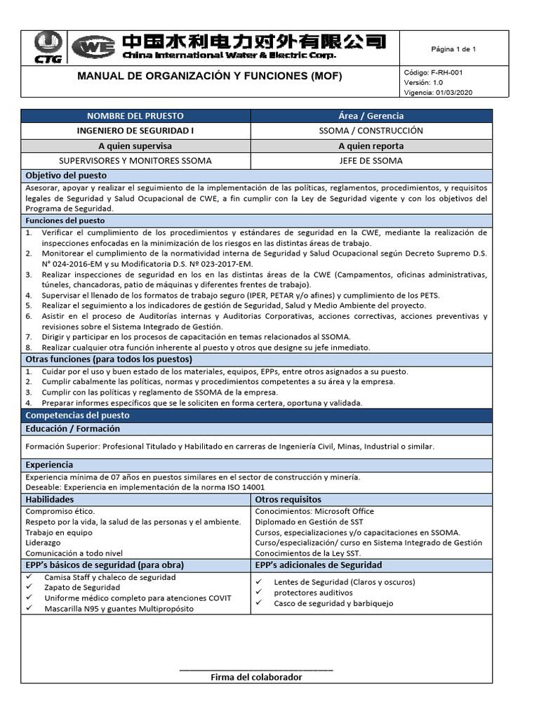CWE-MOF-Ingeniero de Seguridad I | PDF | Seguridad y salud ocupacional