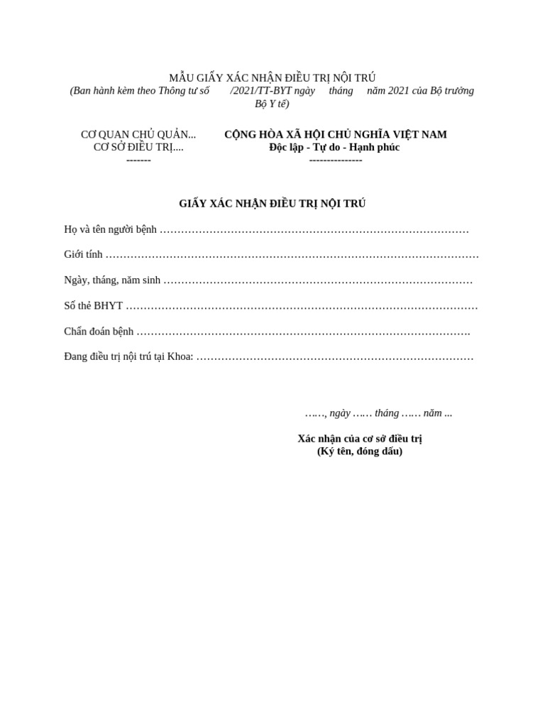 Mau Giay Xac Nhan Dieu Tri Noi Tru | PDF
