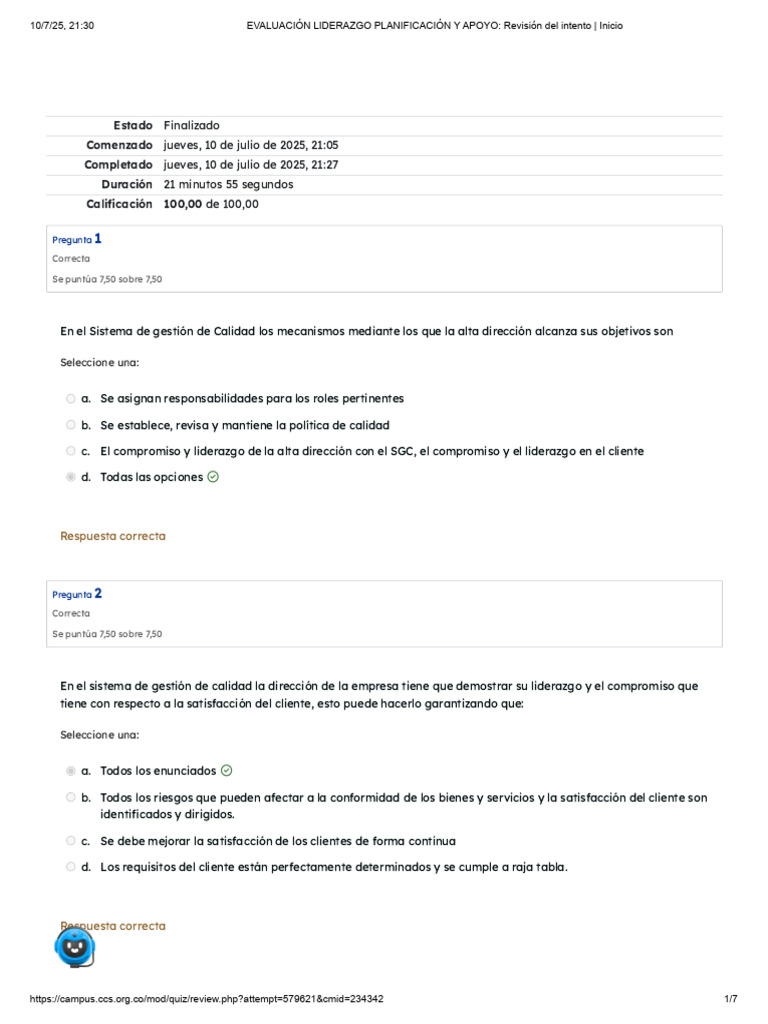 Evaluación Liderazgo Planificación y Apoyo - Revisión Del Intento ...
