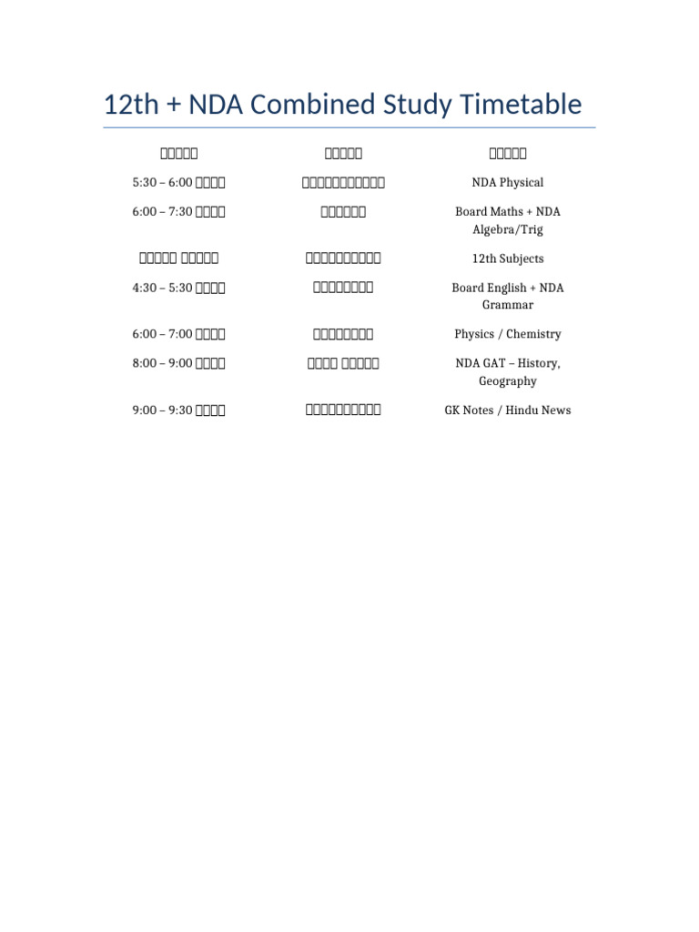 12th NDA Study Timetable Tamil | PDF