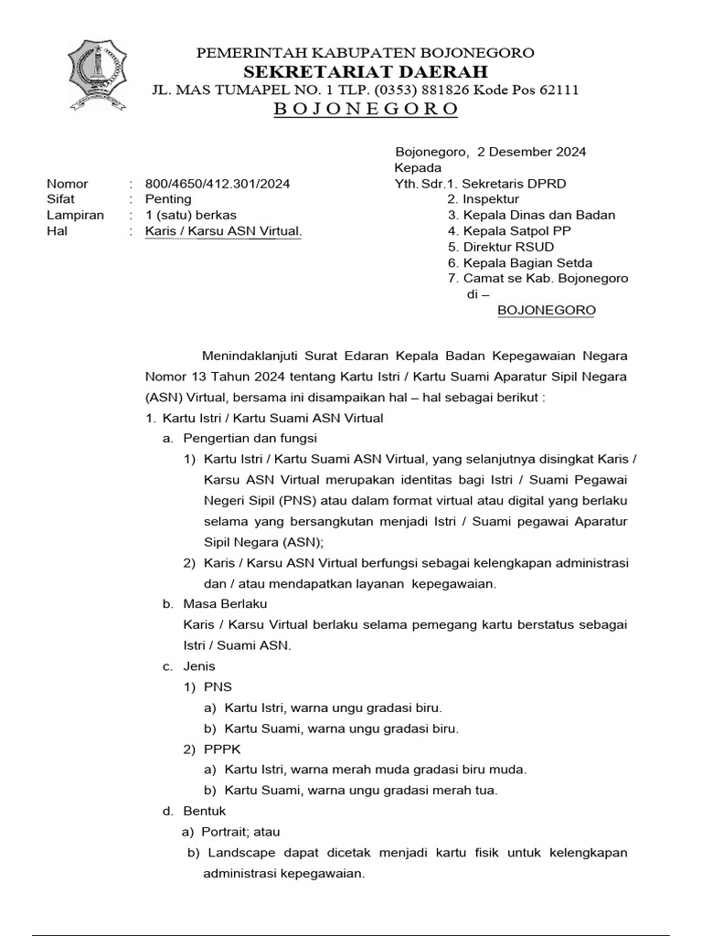 Surat Edaran Karis Karsu ASN Virtual | PDF