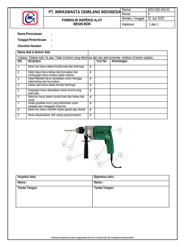 Wgi Hse FM Ins 02. Inspeksi Mesin Bor | PDF
