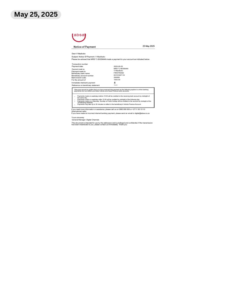 (Absa) : Notice of Payment | PDF