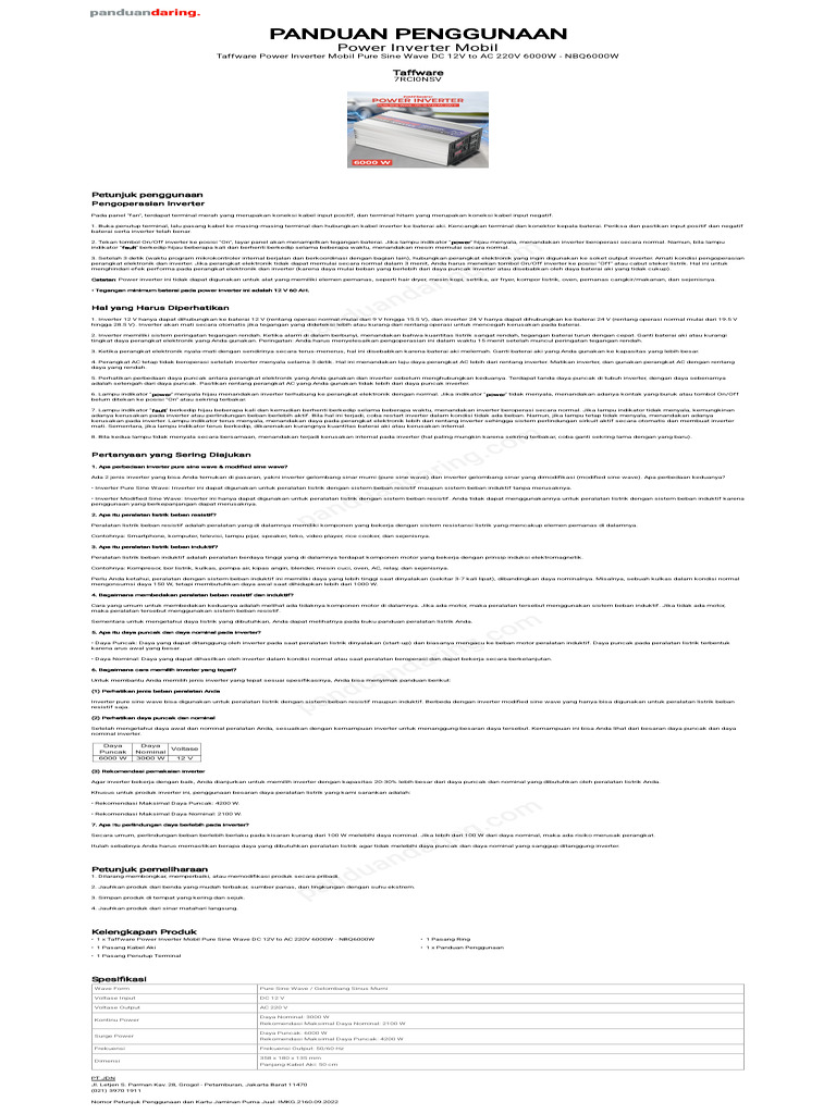 Panduan Inverter Taffware 6000w - Nbq6000w | PDF