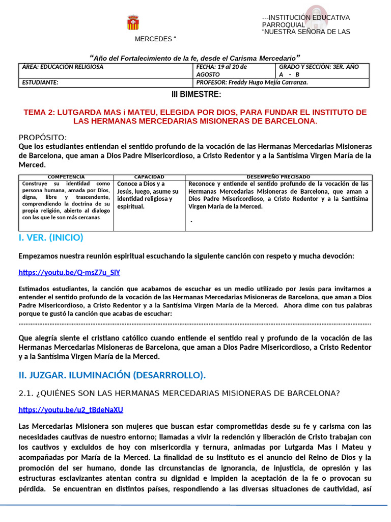Tema 2 de Religion Del III Bim - Las Hermanas Mercedarias Misioneras de Barcelona. 3er - Ano ...