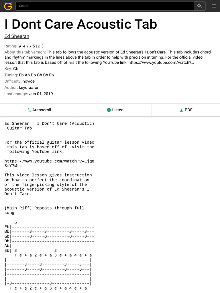 I Dont Care Acoustic Tab by Ed Sheeran @ | PDF | Celtic Musical ...