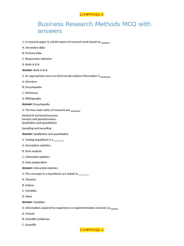 Business Research Methods MCQ With Answer PDF | PDF | Methodology ...