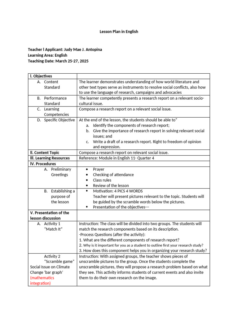 SHS Demo - Lesson Plan in English | PDF | Lesson Plan | Learning