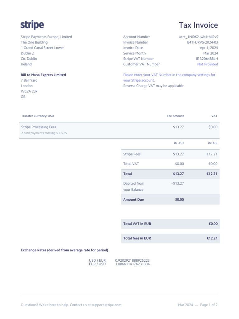 Stripe Tax Invoice B4THJRVS-2024-03 | PDF | Value Added Tax | Euro