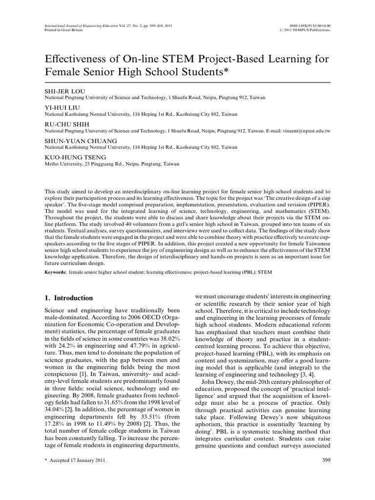 Effectiveness of On-Line STEM Project-Based Learning For Female Senior High School Students ...