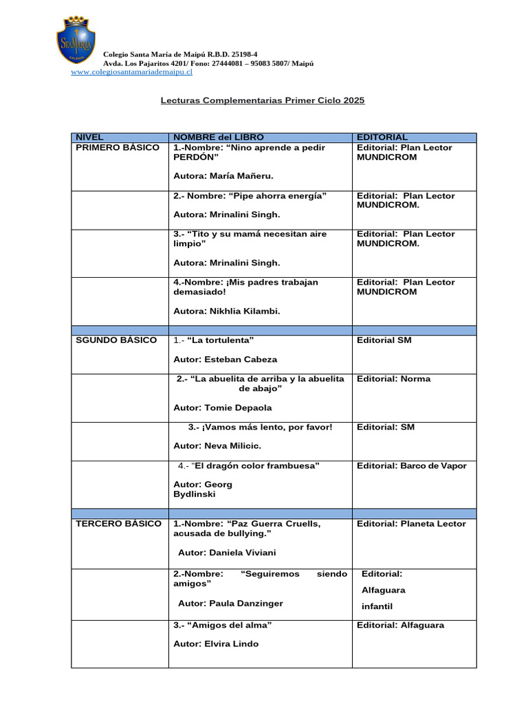 Lecturas Complementarias Primer Ciclo 2025 | PDF