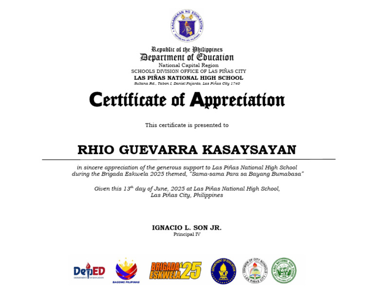 Certificate of Appreciation Brigada | PDF