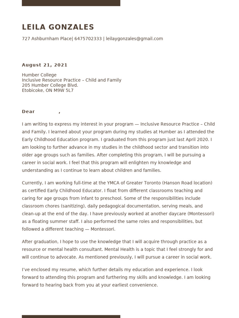 Humber Cover Letter 2021 | PDF