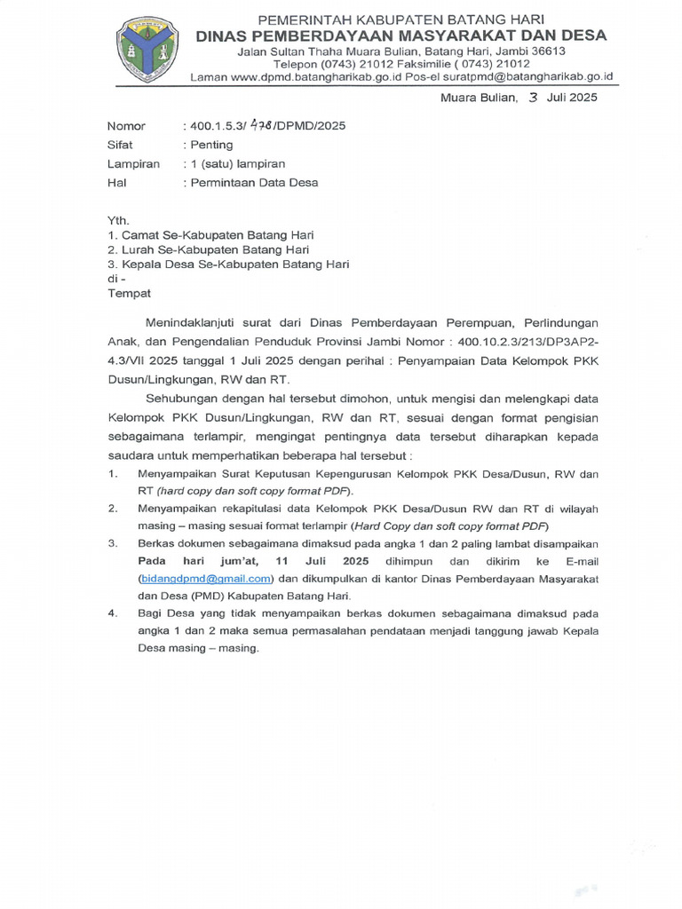 Surat Permohonan Data PKK Kel, Desa, RW Dan RT - 2025 | PDF