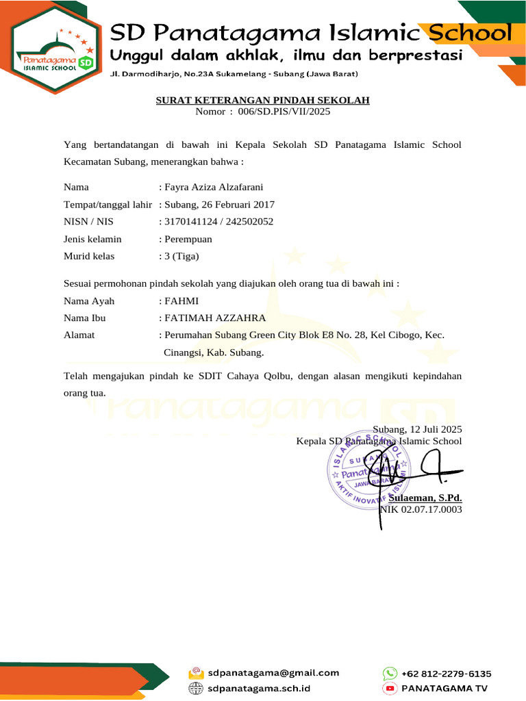 Surat Keterangan - Pindahan Siswa FAYRA AZIZA ALZAFARANI | PDF