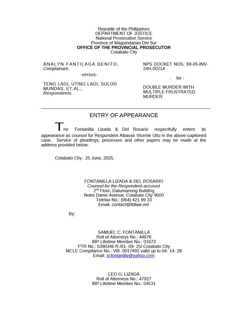 BENITO V LAGI Et. Al - Entry of Appearance | PDF | Criminal Law | Public Law