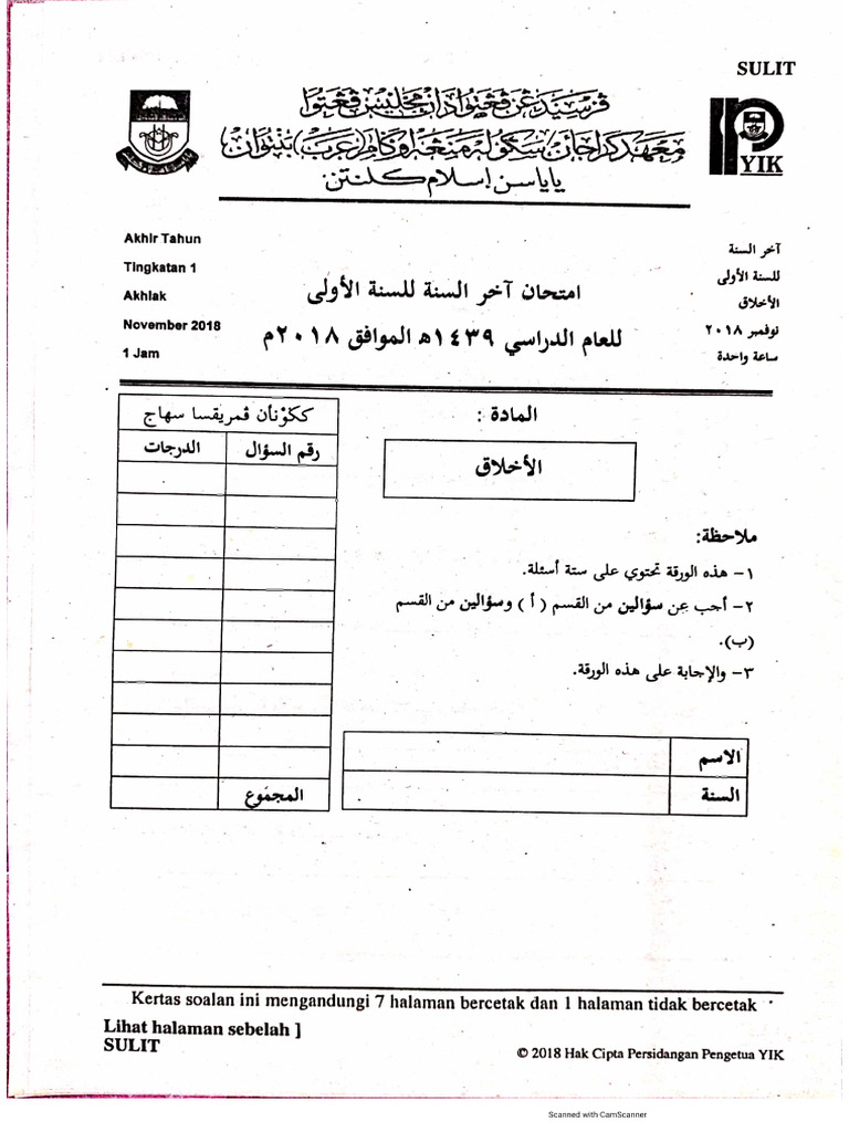 Akhlak Ting 1 PAT 2018 | PDF