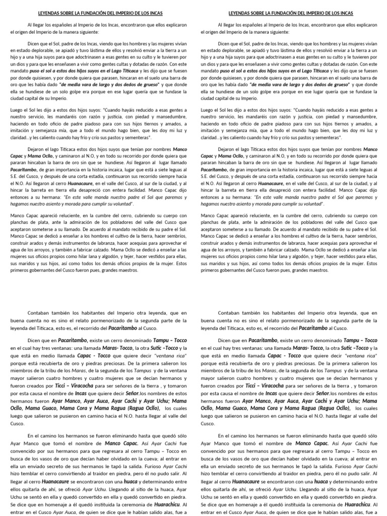 Leyendas Incas 2° | PDF | Imperio Inca