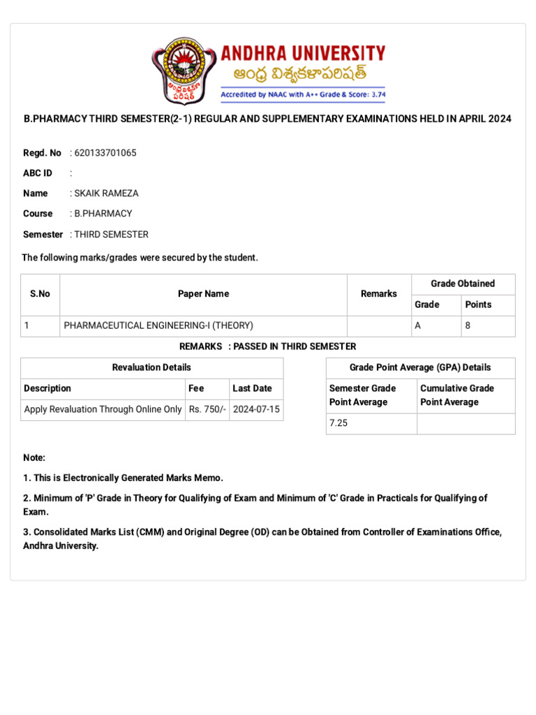 B.Pharmacy 3rd Semester Exam Results 2024 | PDF