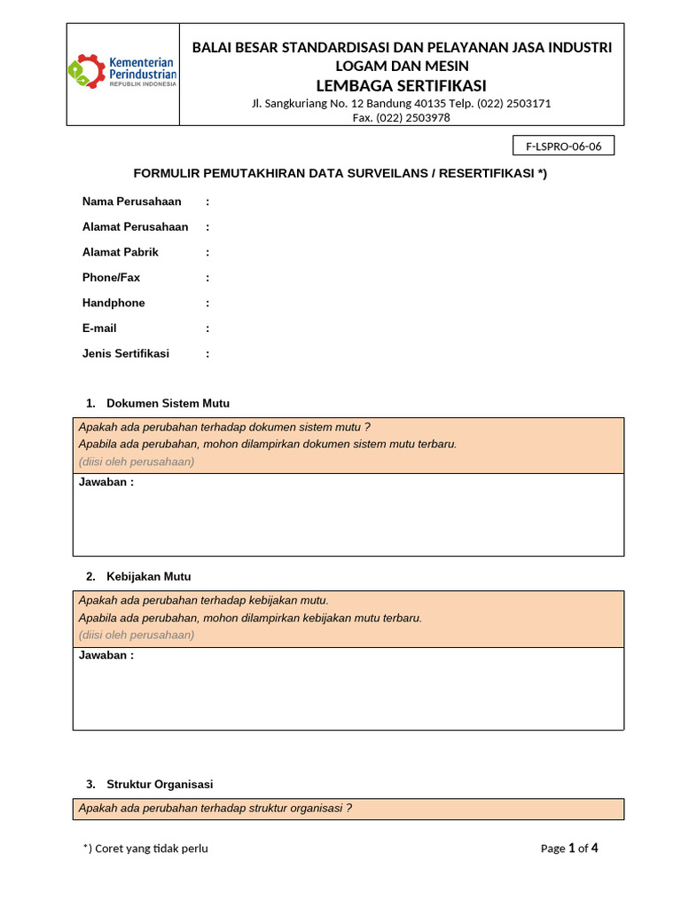 F LSPRO 06 06 Form Pemutakhiran Data Surveilans Atau Resertifikasi Hanya Utk Surveilans | PDF
