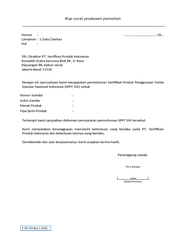 F IPC 03 Rev.1 2022 Surat Permohonan SPPT SNI | PDF
