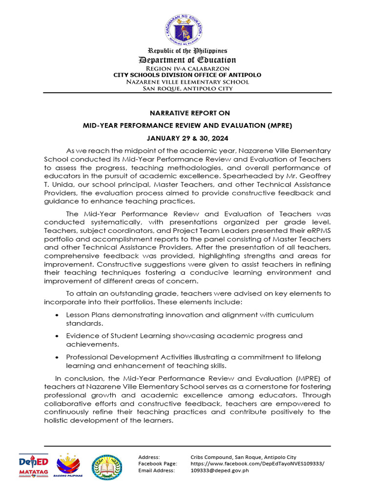 Narrative Report-MPRE 2024 | PDF | Teachers | Evaluation