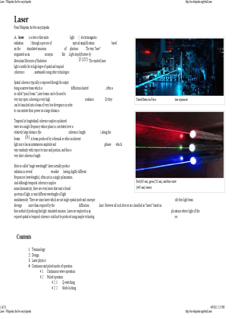 Laser - Wikipedia, The Free Encyclopedia | PDF | Laser | Laser Diode