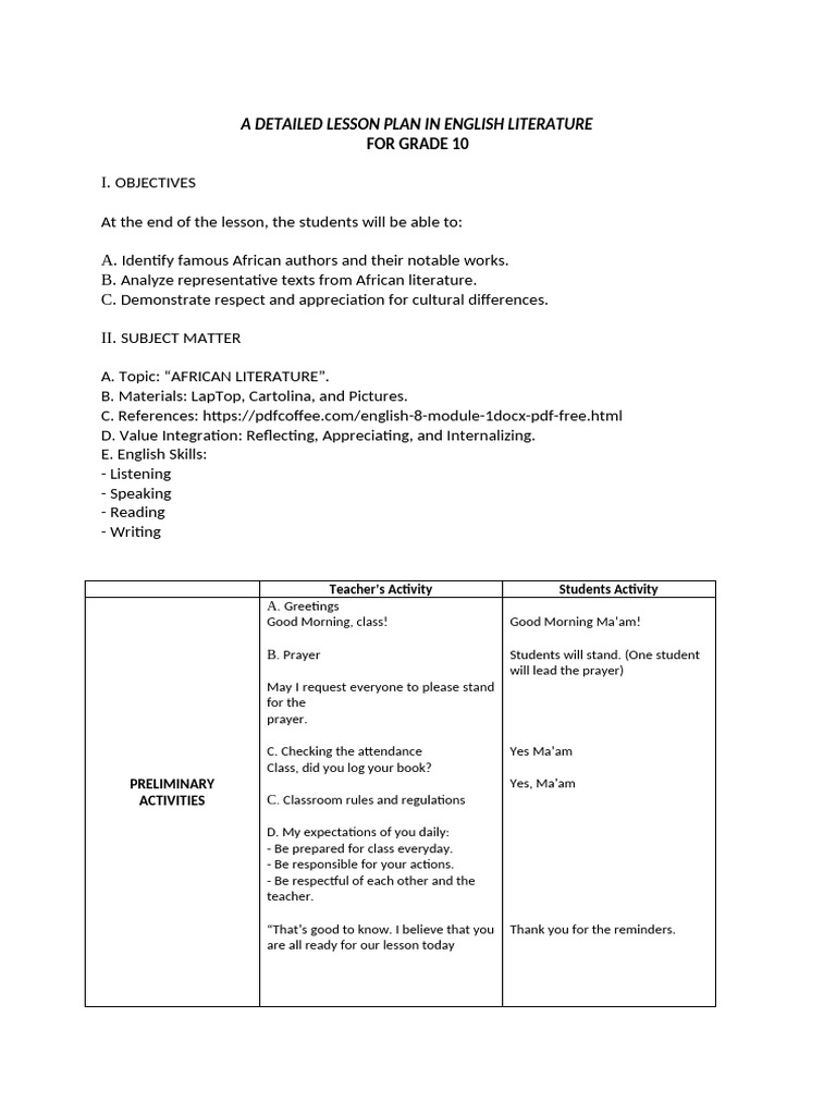 Grade 10 African Literature Lesson Plan | PDF | Lesson Plan | Violence