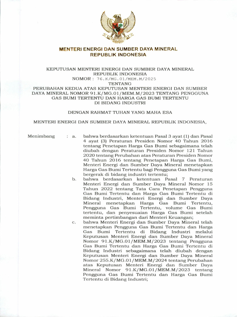 Kepmen ESDM 76K TH 2025 PGBT HGBT Industri | PDF