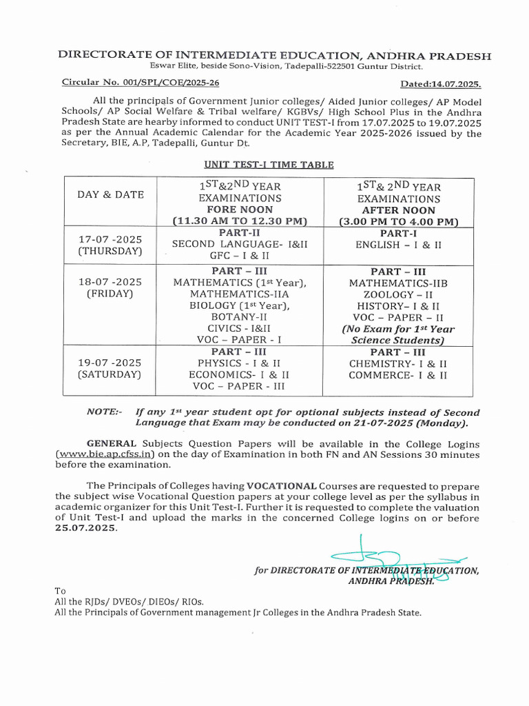 Unit Test-I Time Table 2025 | PDF