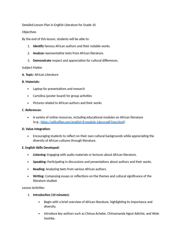 Detailed Lesson Plan in English Literature For Grade 10 | PDF | Lesson ...