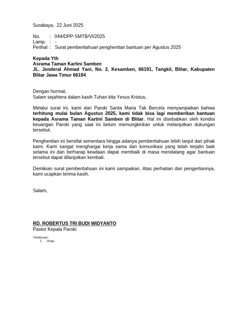 Ref - 044 Surat Pemberitahuan Penghentian Bantuan 2025 - Asrama Taman Kartini Samben | PDF
