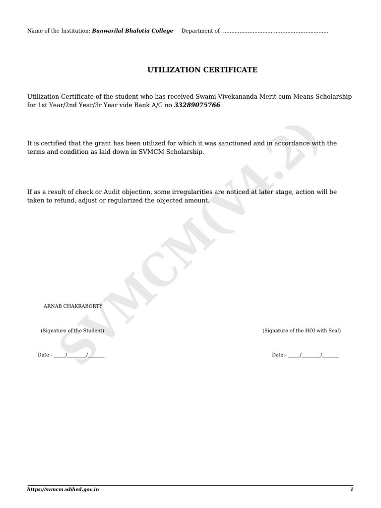 SVMCM Scholarship Utilization Certificate | PDF