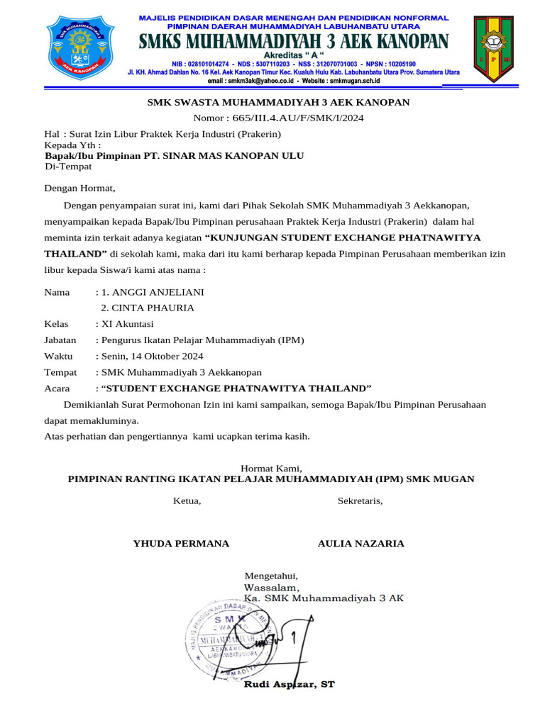 Izin Libur Prakerin SMK Muhammadiyah 3 | PDF