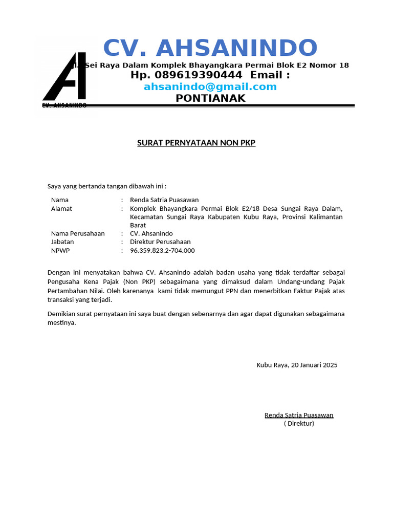 Surat Pernyataan Non PKP CV. Ahsanindo | PDF