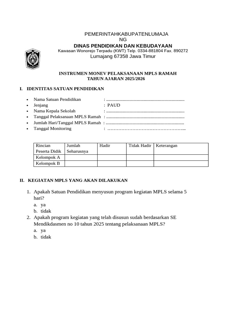 Instrumen Monev Mpls Ramah 2025 Paud | PDF