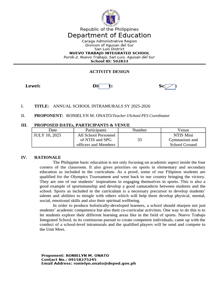 Activity Design Intramurals 2025-2026 | PDF | Learning