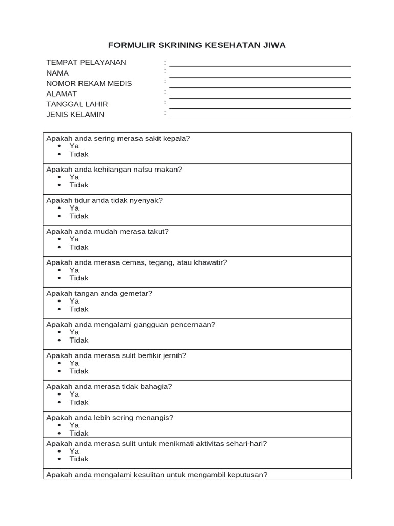 Formulir Skrining Kesehatan Jiwa | PDF
