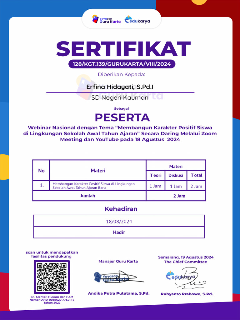Sertifikat Erfina Yayasan Guru Karta 18-08-2024 (2 JP) | PDF