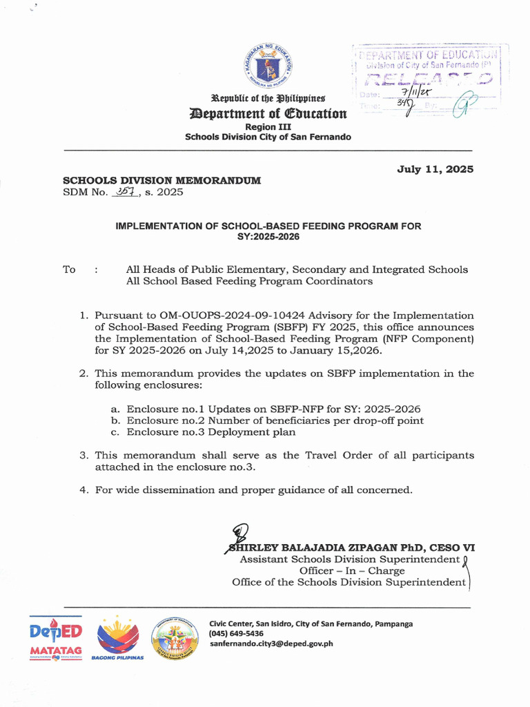 Schools Division Memorandum No. 357 S. 2025 Implementation of School Based Feeding Program For ...