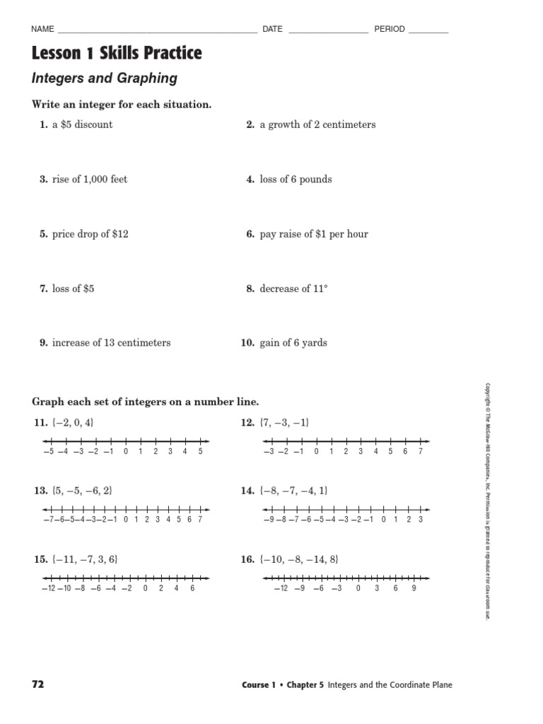 Lesson 1 Skills Practice: Integers and Graphing | PDF