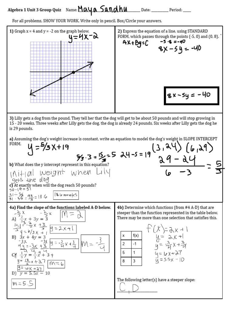 Algebra 1 Unit 3 Group Quiz | PDF