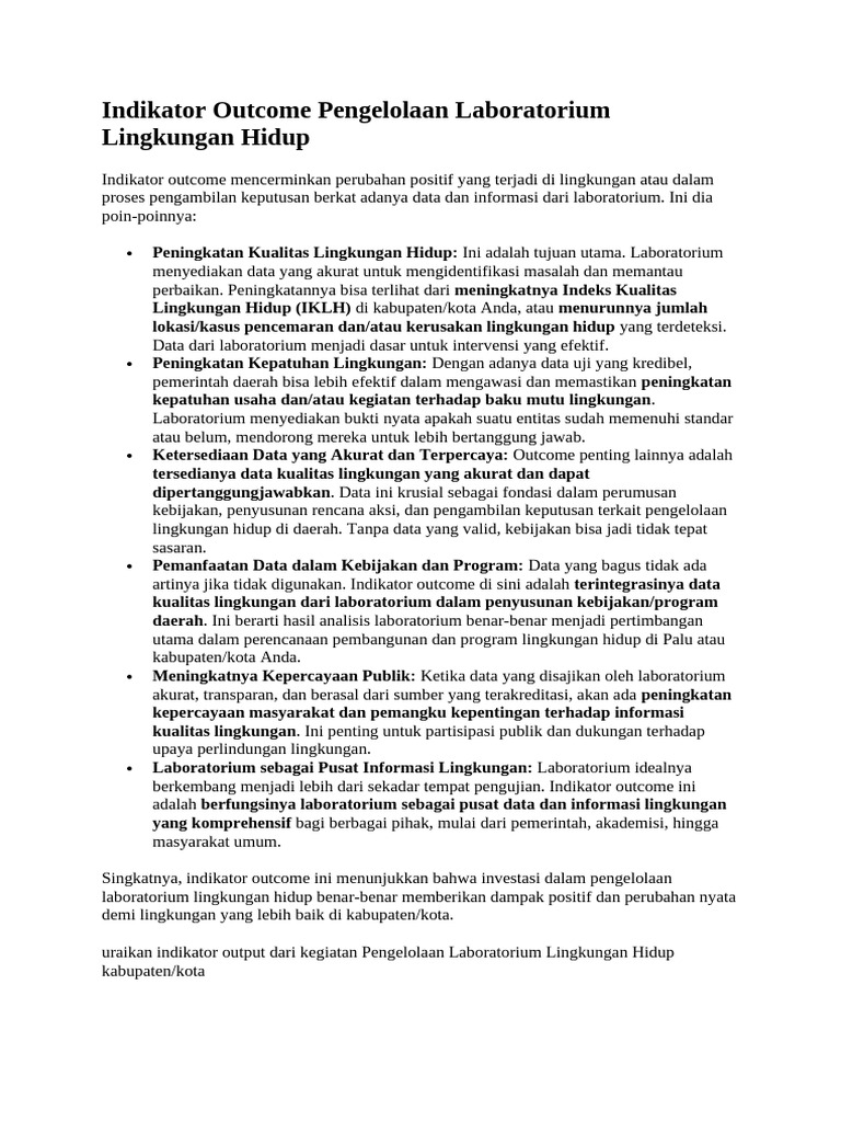 Indikator Outcome Pengelolaan Laboratorium Lingkungan Hidup | PDF