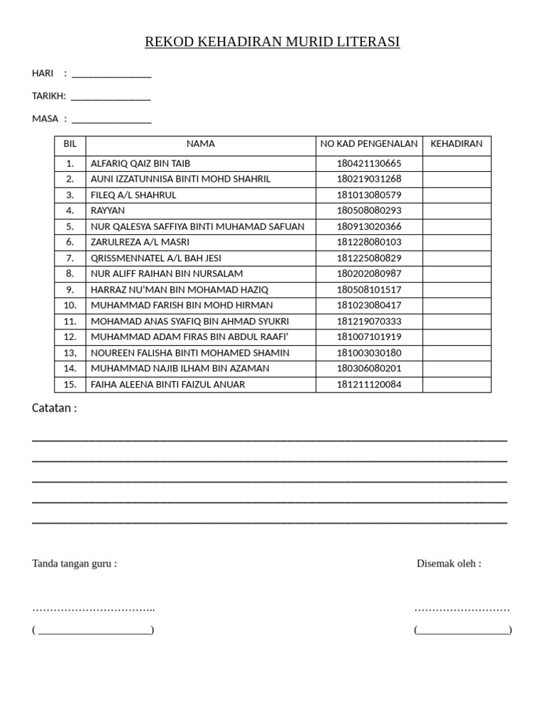 Rekod Kehadiran Murid Literasi | PDF