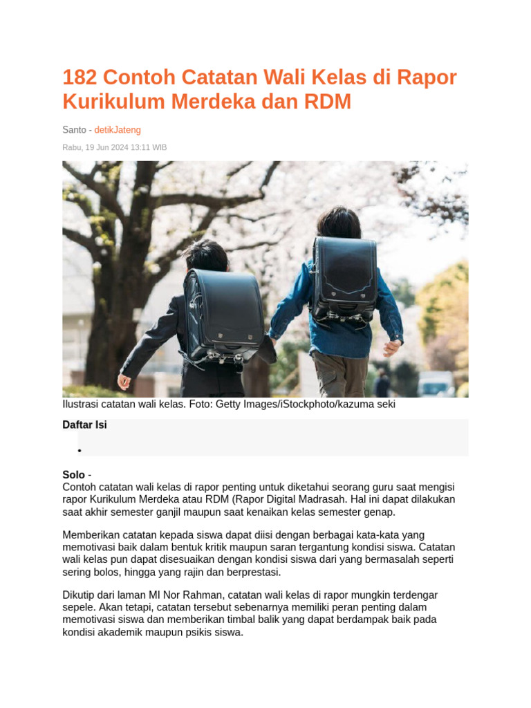 182 Contoh Catatan Wali Kelas Di Rapor Kurikulum Merdeka Dan RDM | PDF