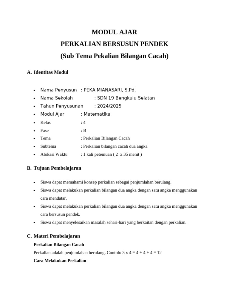 Modul Ajar Perkalian Kelas 4 SD | PDF