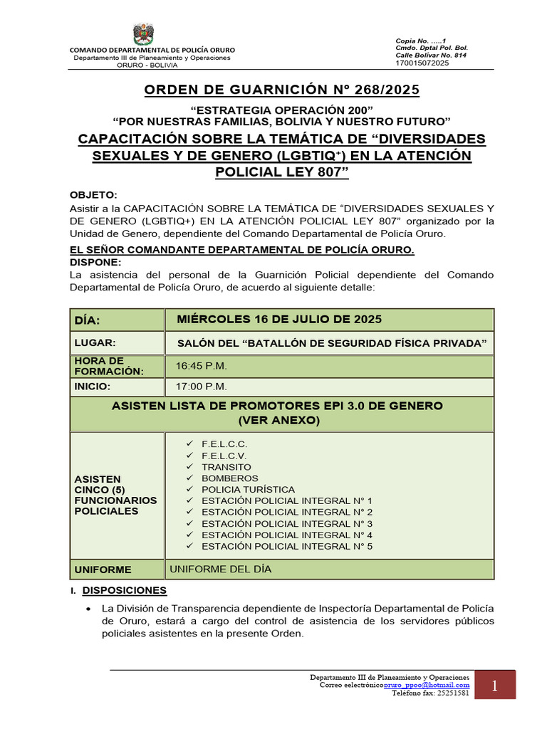 268-25-Orden de Guarnicion Diversidades Sexuales y de Genero (Lgbtig+) en La Atencion Policial ...