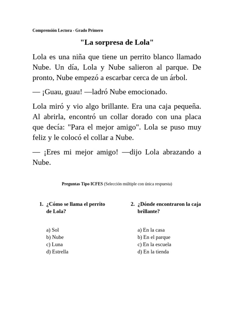 Comprensión Lectora Grado Primero Pdf