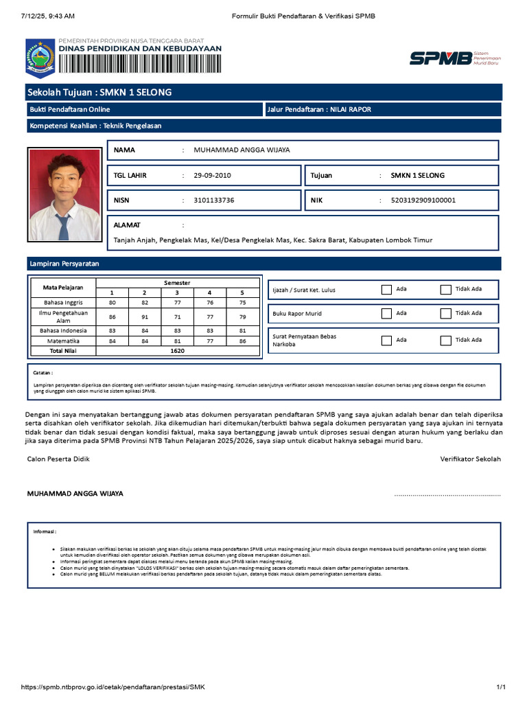 Formulir Bukti Pendaftaran & Verifikasi SPMB Angga | PDF
