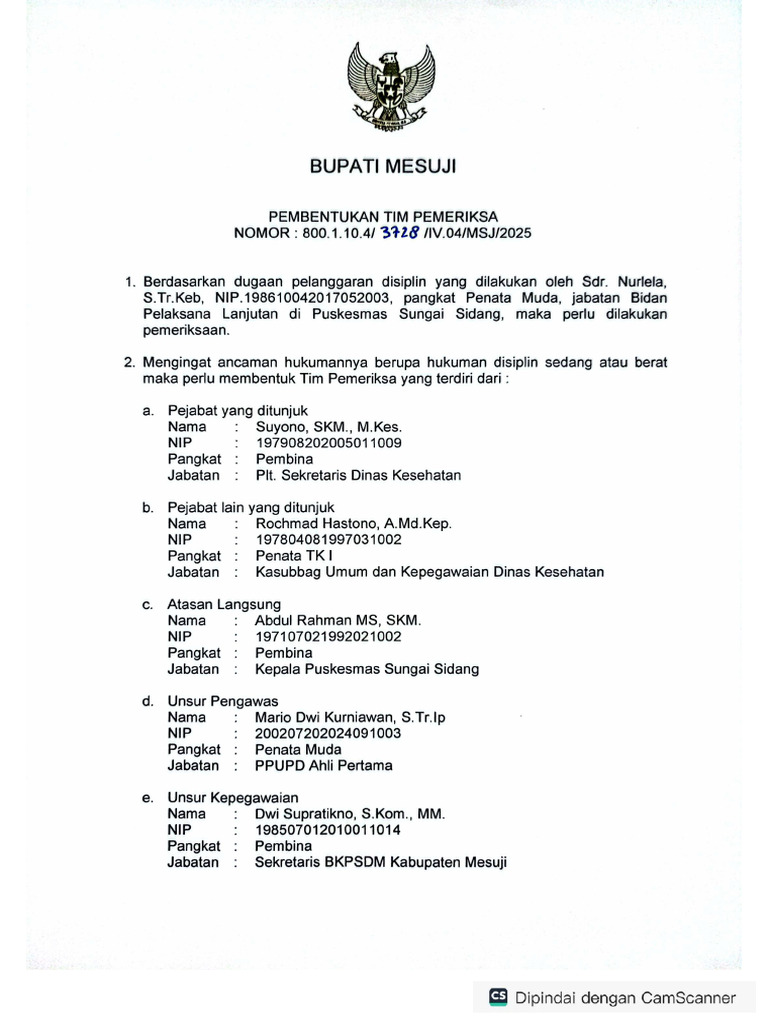 Pembentukan Tim Pemeriksa PKM Sungai Sidang | PDF